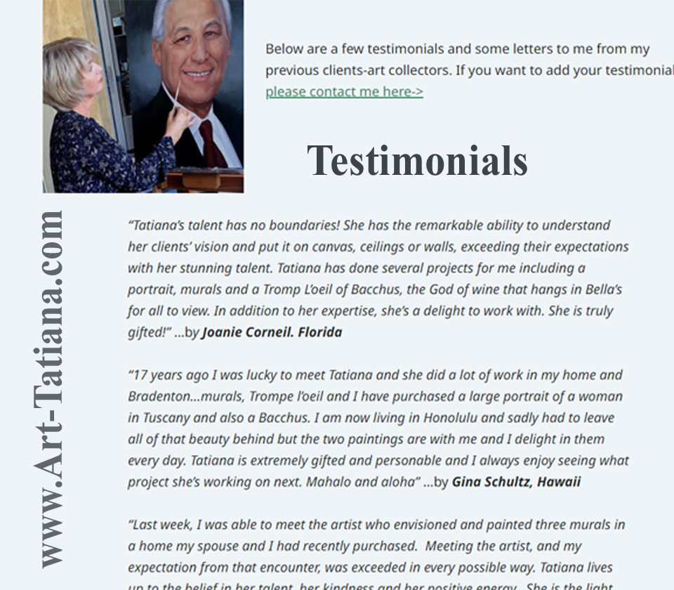 Testimonials page . Artist Tatiana Rugers, Tampa Bay Florida. Portraits ...